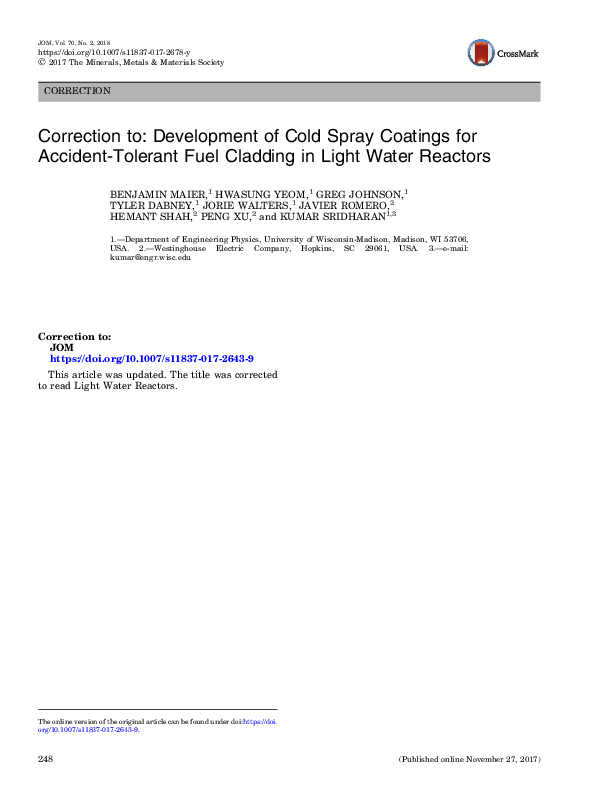 (PDF) Correction to: Development of Cold Spray Coatings for Accident-Tolerant Fuel Cladding in ...