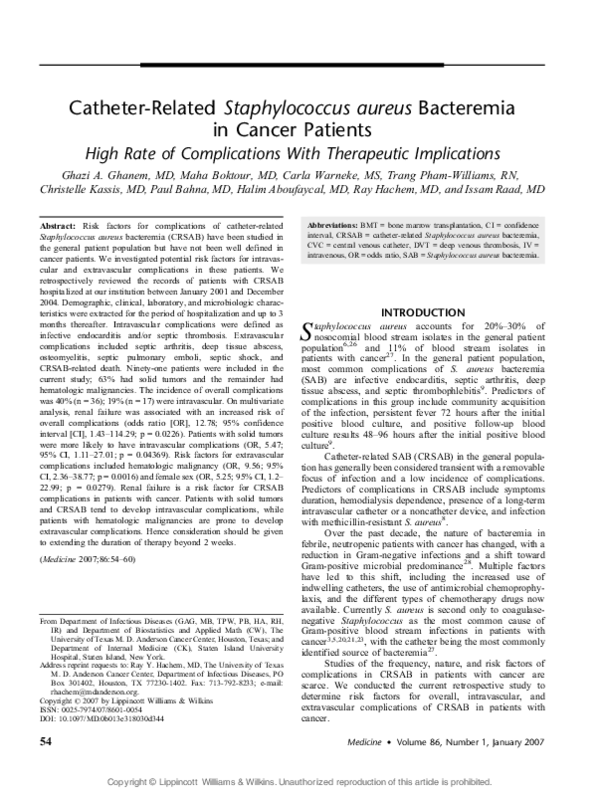 (PDF) Catheter-Related Staphylococcus aureus Bacteremia in Cancer Patients