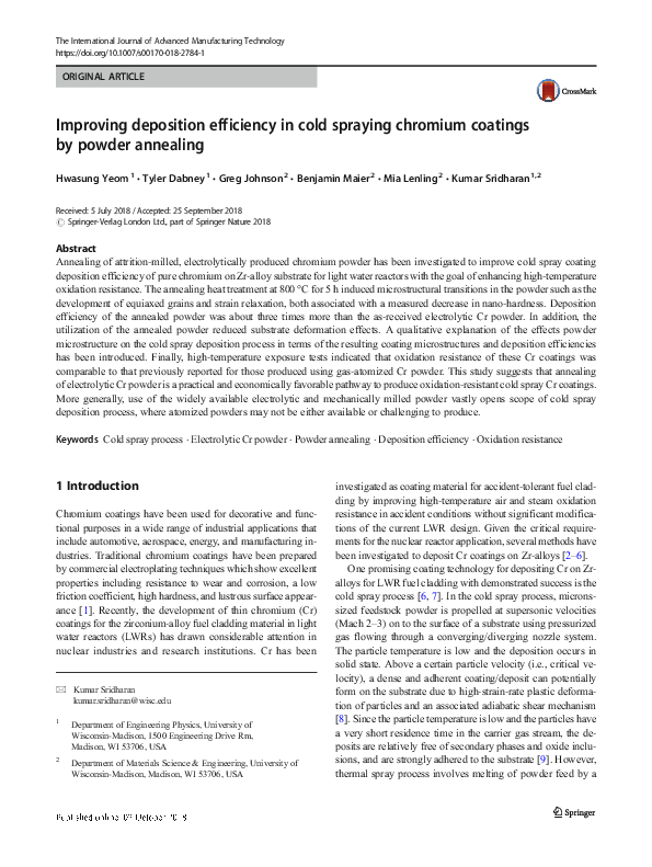 (PDF) Improving deposition efficiency in cold spraying chromium coatings by powder annealing