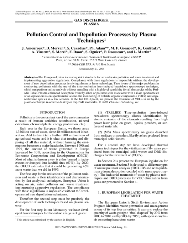 (PDF) Pollution Control and Depollution Processes by Plasma Techniques