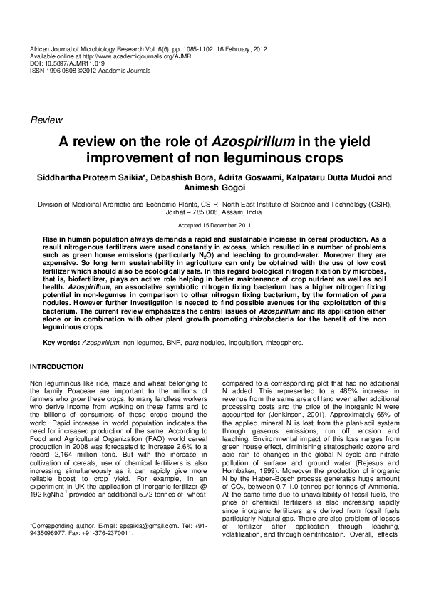 (PDF) A review on the role of Azospirillum in the yield improvement of ...