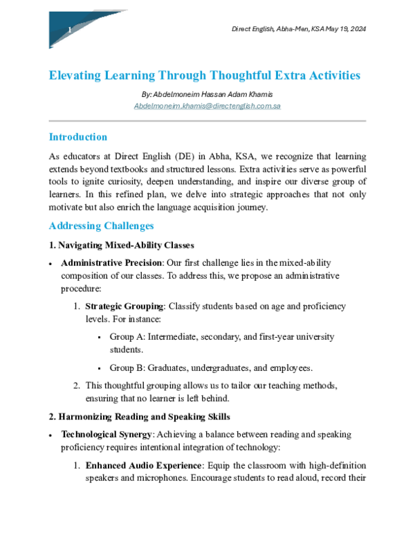 (PDF) Elevating Learning Through Thoughtful Extra Activities
