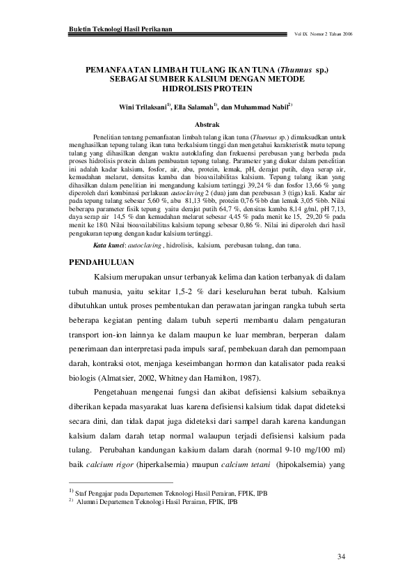 (PDF) PEMANFAATAN LIMBAH TULANG IKAN TUNA (Thunnus sp.) SEBAGAI SUMBER KALSIUM DENGAN METODE ...