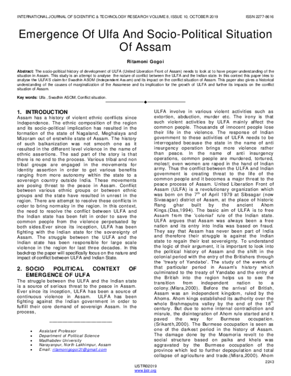 (PDF) Emergence Of Ulfa And Socio-Political Situation Of Assam