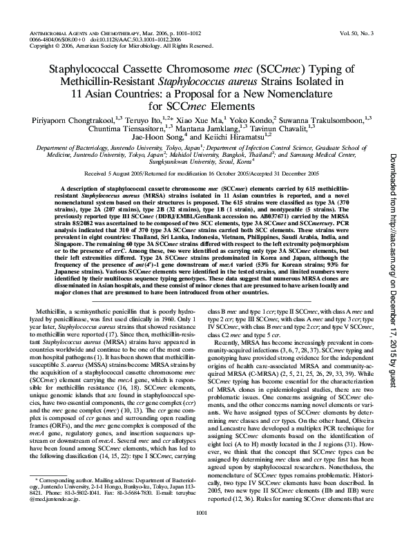 (PDF) Staphylococcal Cassette Chromosome mec (SCC mec ) Typing of ...