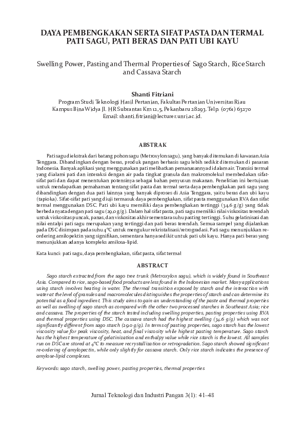 (PDF) Daya Pembengkakan Serta Sifat Pasta Dan Termal Pati Sagu, Pati ...