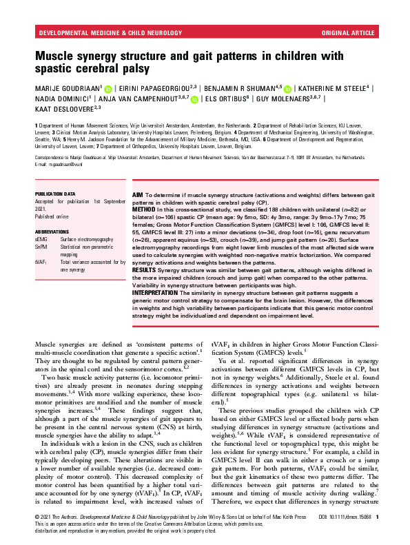 (PDF) Muscle synergy structure and gait patterns in children with ...