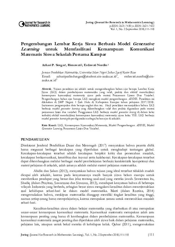 (PDF) Pengembangan Lembar Kerja Siswa Berbasis Model Generative Learning untuk Memfasilitasi ...