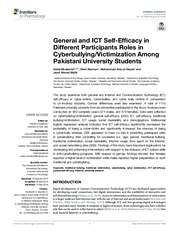(PDF) General and ICT Self-Efficacy in Different Participants Roles in Cyberbullying ...