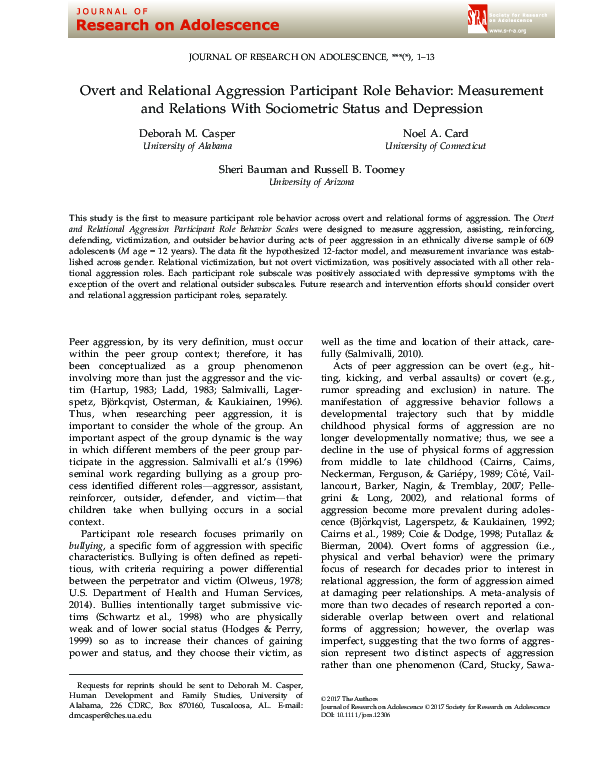 (PDF) Overt and Relational Aggression Participant Role Behavior ...