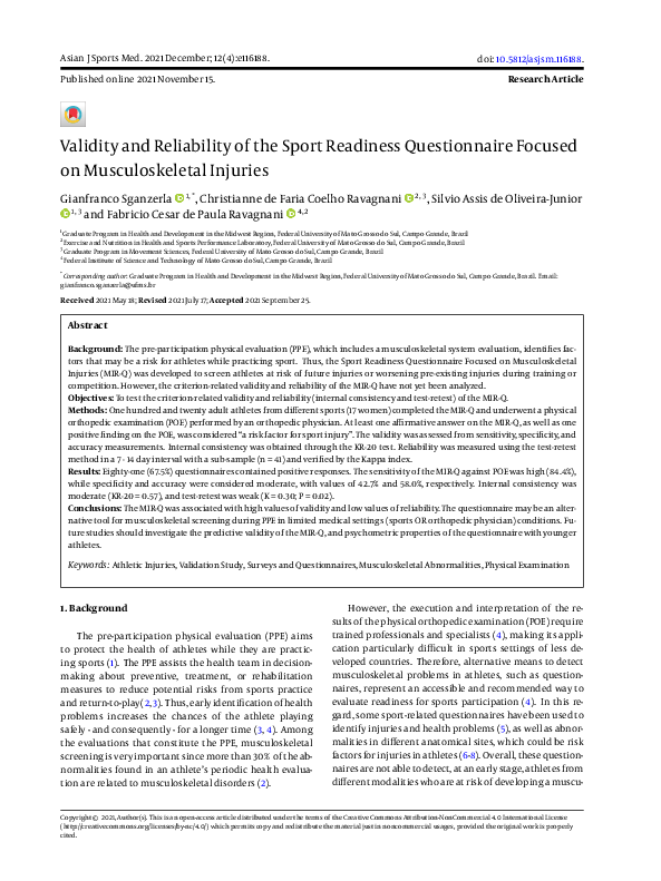 (PDF) Validity and Reliability of the Sport Readiness Questionnaire ...