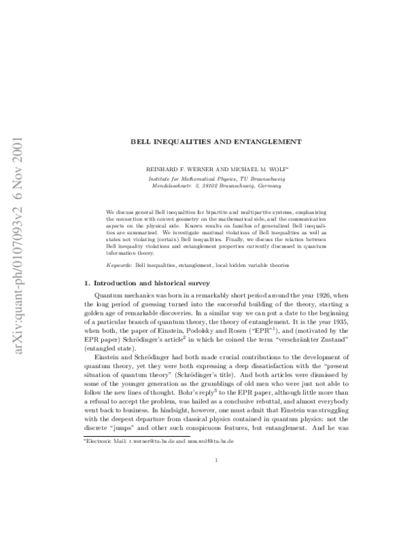 (PDF) Bell inequalities and entanglement