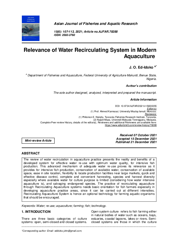 (PDF) Relevance of Water Recirculating System in Modern Aquaculture