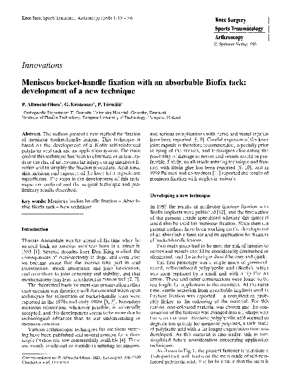 (PDF) Meniscus bucket-handle fixation with an absorbable biofix tack ...