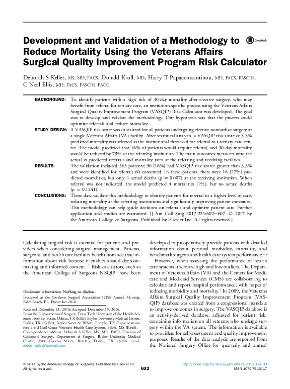 (PDF) Development and Validation of a Methodology to Reduce Mortality Using the Veterans Affairs ...