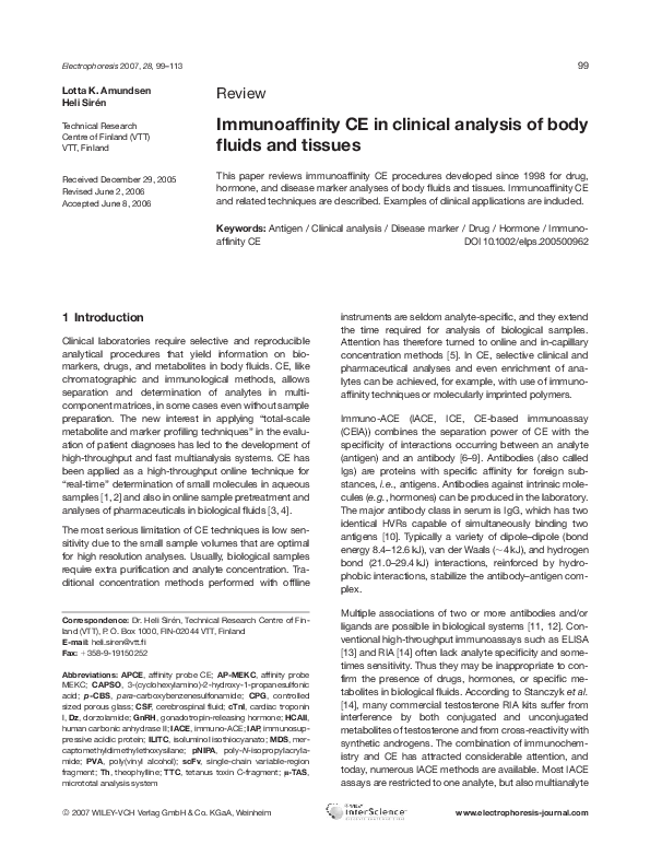 (PDF) Immunoaffinity CE in clinical analysis of body fluids and tissues