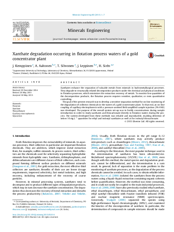 (PDF) Xanthate degradation occurring in flotation process waters of a ...