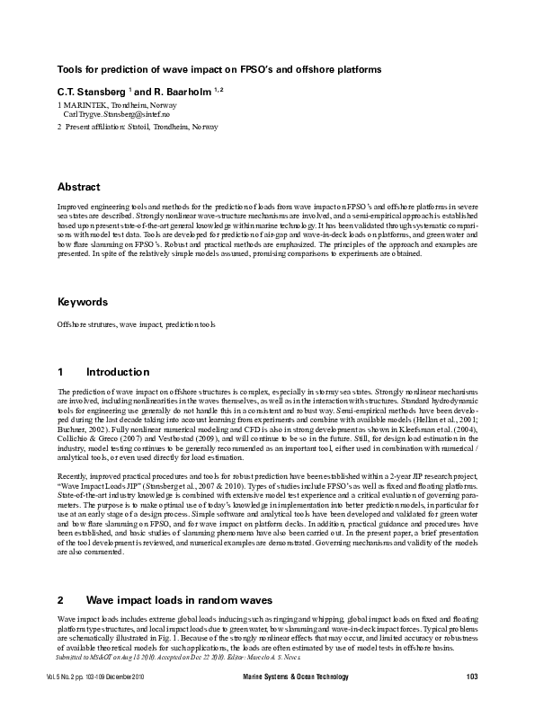 (PDF) Tools for prediction of wave impact on FPSO’s and offshore platforms