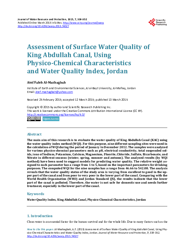 (PDF) Assessment of Surface Water Quality of King Abdullah Canal, Using ...