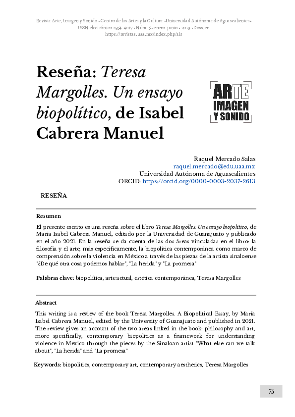 (PDF) Reseña: Teresa Margolles. Un ensayo biopolítico, de Isabel Cabrera Manuel
