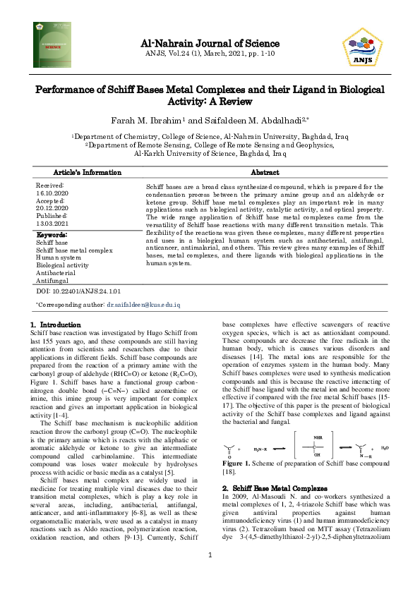 (PDF) Performance of Schiff Bases Metal Complexes and their Ligand in Biological Activity: A Review