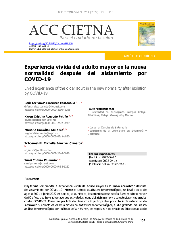 (PDF) Experiencia vivida del adulto mayor en la nueva normalidad ...