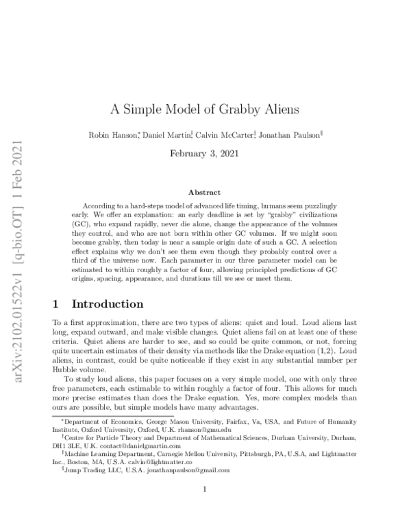 (PDF) A Simple Model of Grabby Aliens