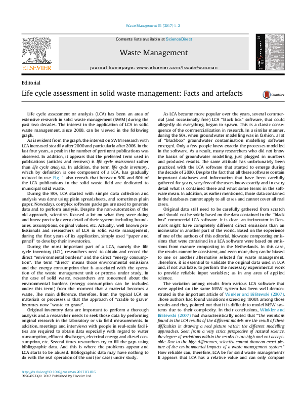 (PDF) Life cycle assessment in solid waste management: Facts and artefacts