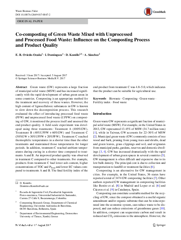 (PDF) Co-composting of Green Waste Mixed with Unprocessed and Processed Food Waste: Influence on ...