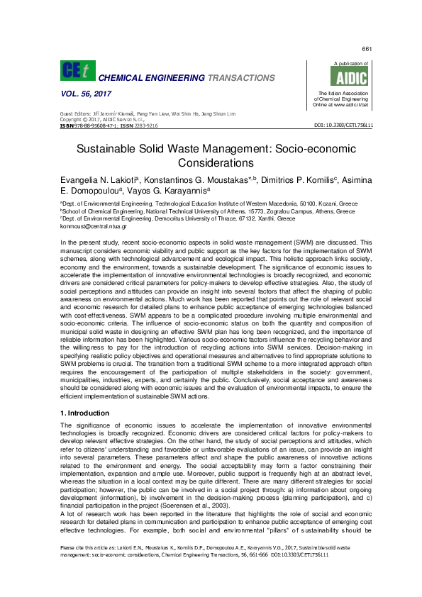 (PDF) Sustainable Solid Waste Management: Socio-economic Considerations