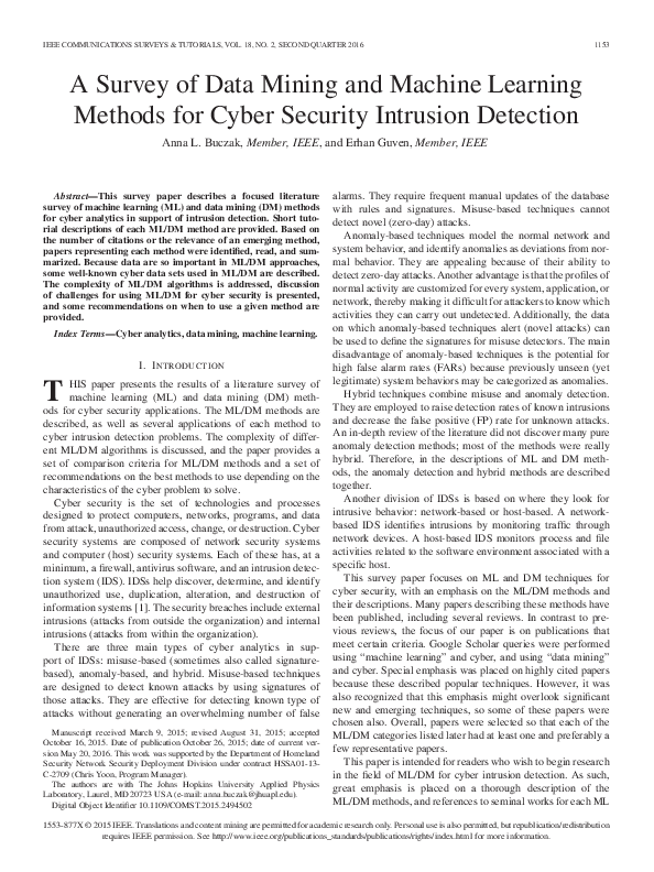 Pdf A Survey Of Data Mining And Machine Learning Methods For Cyber Security Intrusion Detection