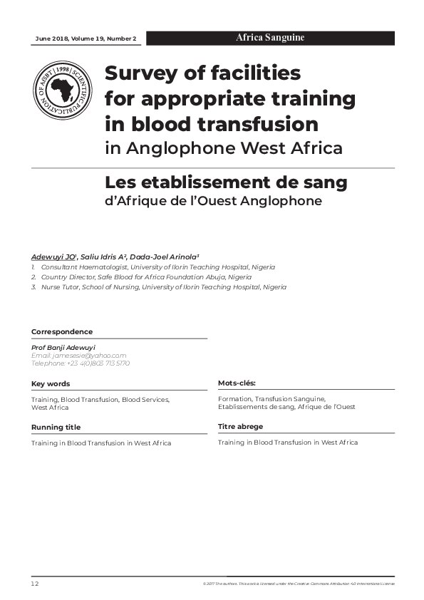(PDF) Survey of facilities for appropriate training in blood ...