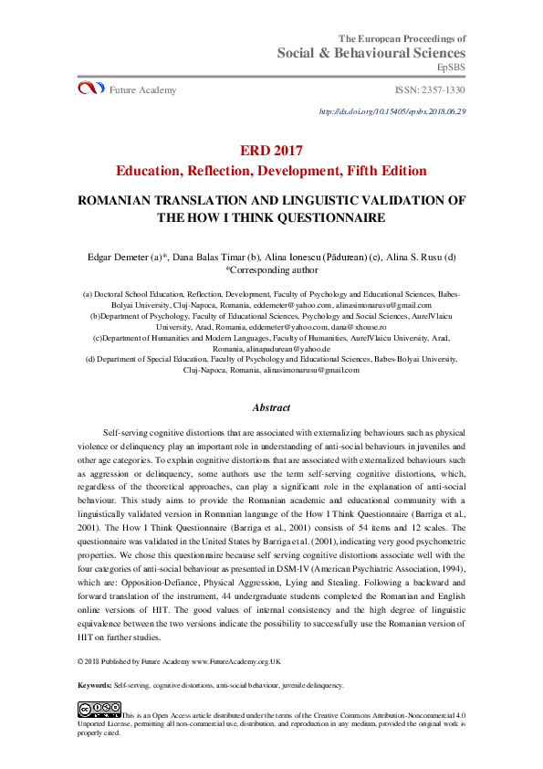 (PDF) Romanian Translation And Linguistic Validation Of The How I Think ...