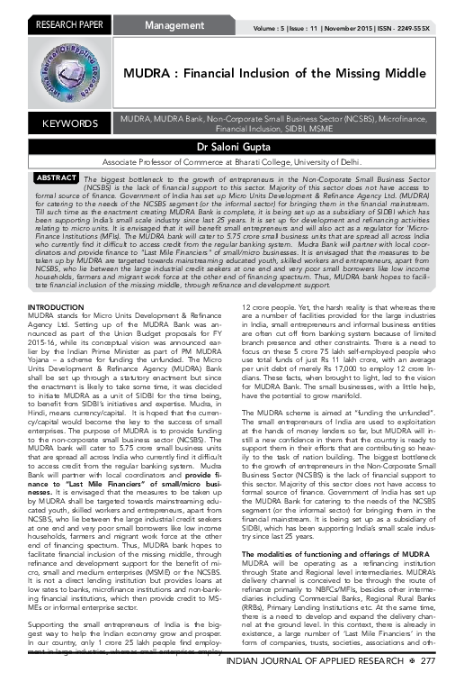 (PDF) MUDRA: Financial Inclusion of the missing middle