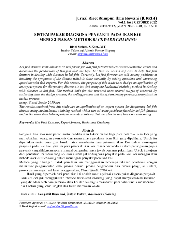 (PDF) Sistem Pakar Diagnosa Penyakit Pada Ikan Koi Menggunakan Metode Backward Chaining