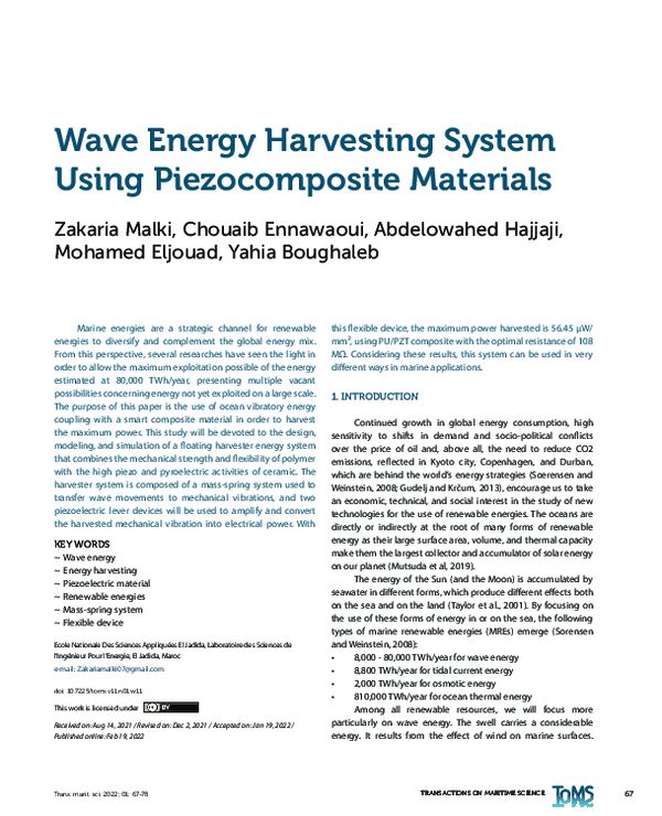 (PDF) Wave Energy Harvesting System Using Piezocomposite Materials