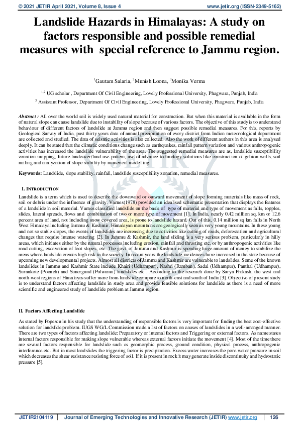(PDF) Landslide Hazards in Himalayas: A study on factors responsible and possible remedial ...