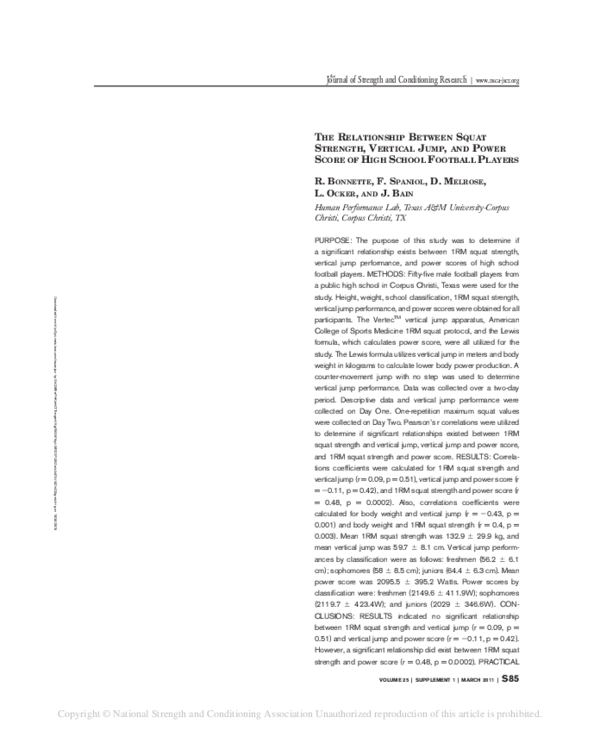 (PDF) The Relationship Between Squat Strength, Vertical Jump, and Power Score of High School ...