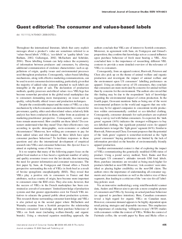 (PDF) Guest editorial: The consumer and values-based labels