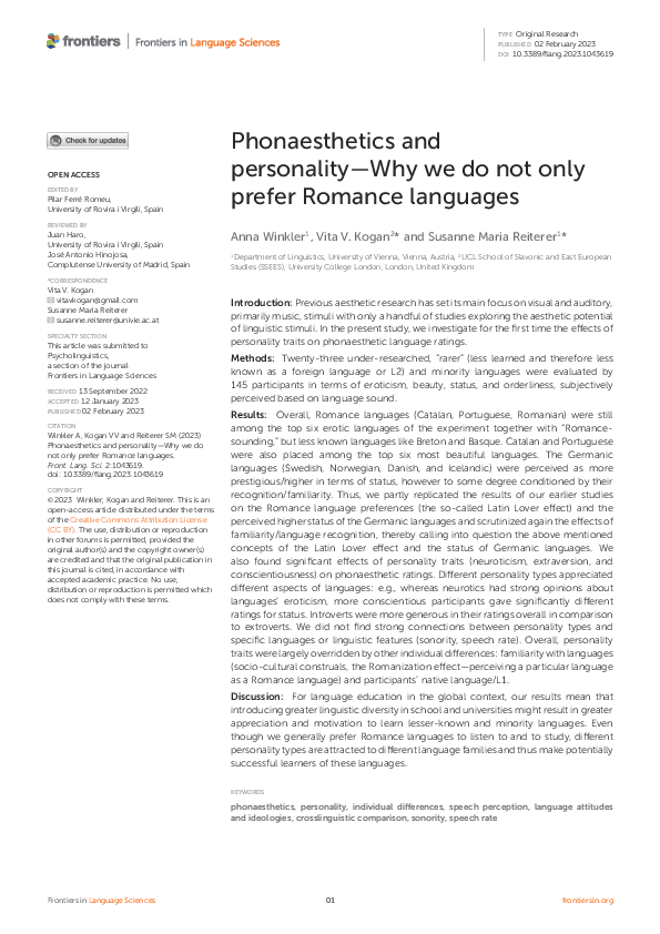(PDF) Phonaesthetics and personality—Why we do not only prefer Romance ...
