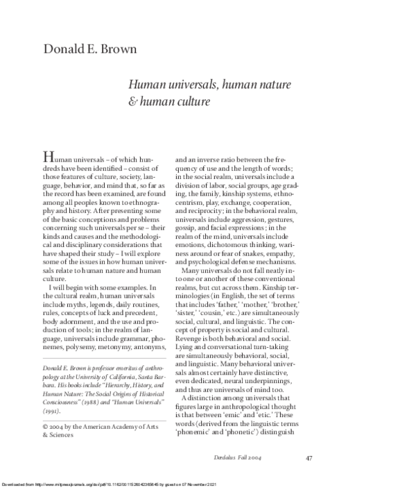 (PDF) Human universals, human nature & human culture