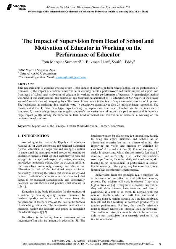 (PDF) The Impact of Supervision from Head of School and Motivation of ...