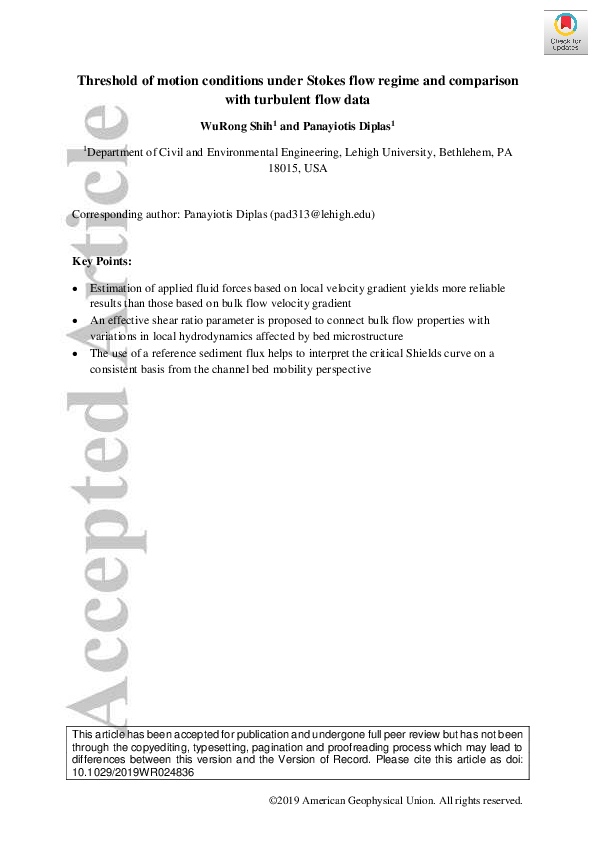 (PDF) Threshold of Motion Conditions Under Stokes Flow Regime and ...