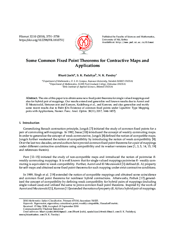 Pdf Some Common Fixed Point Theorems For Contractive Maps And Applications Bharti Joshi 6419