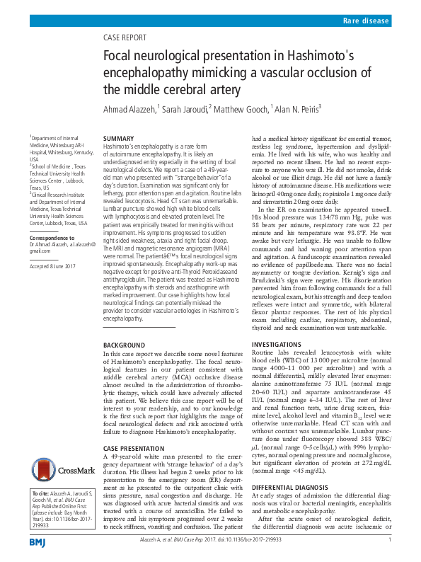 (PDF) Focal neurological presentation in Hashimoto's encephalopathy ...
