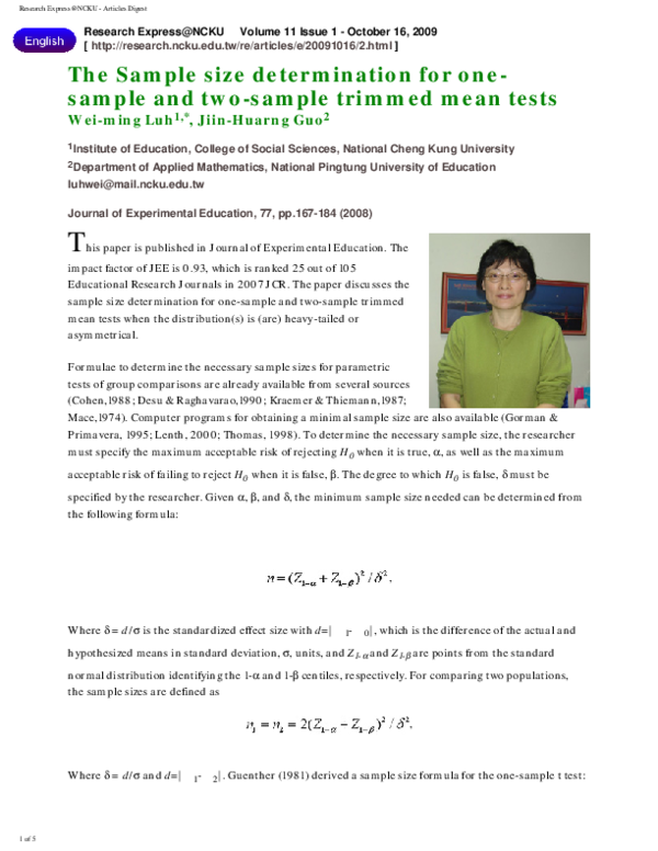 (PDF) The Sample size determination for one- sample and two-sample ...