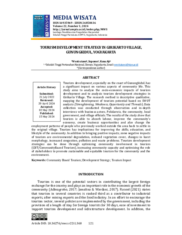 (PDF) TOURISM DEVELOPMENT STRATEGY IN GIRIKARTO VILLAGE, GUNUNGKIDUL ...