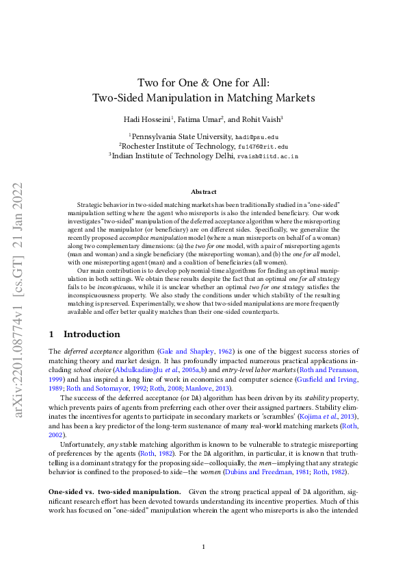 (PDF) Two for One & One for All: Two-Sided Manipulation in Matching Markets