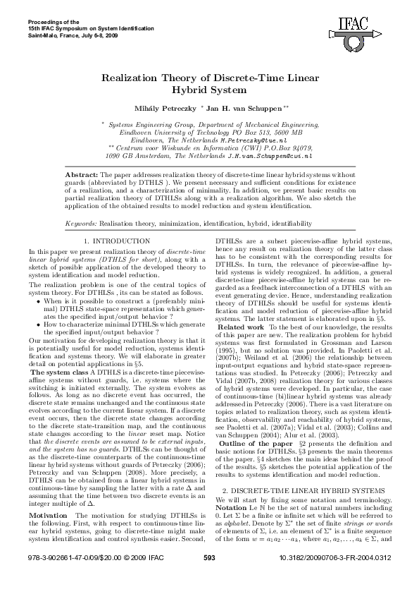 (PDF) Realization Theory of Discrete-Time Linear Hybrid System