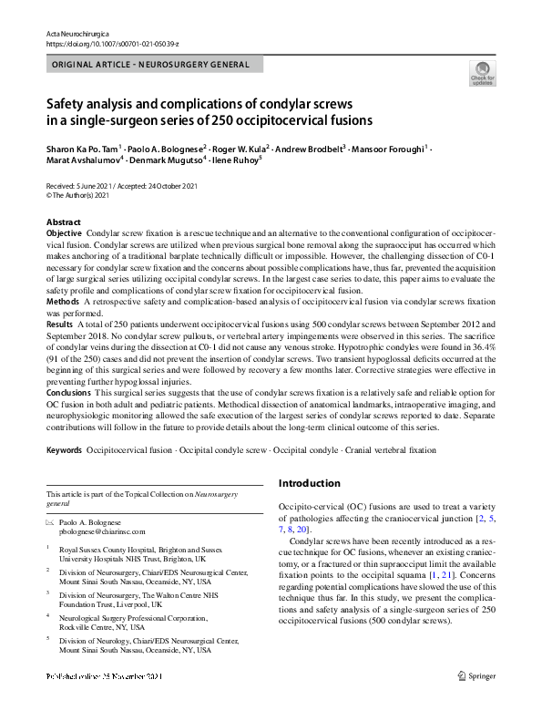 (PDF) Safety analysis and complications of condylar screws in a single ...
